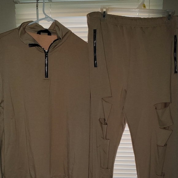 chic | Pants & Jumpsuits | Womens Two Piece Stylish Ripped Tan Pant Set ...